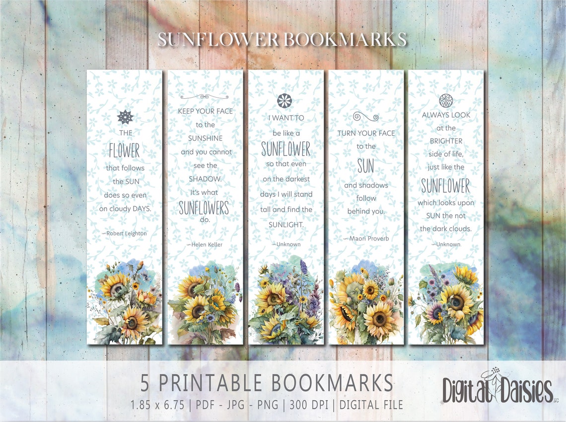 Sunflower Printable Bookmark Set Printable Bookmark Reading - Etsy