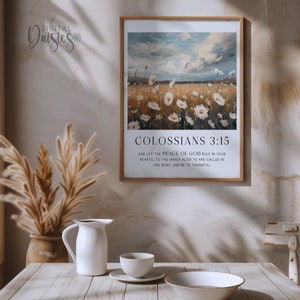 Colossians 3:15 Bible Verse Wall Art, Vintage Floral Daisy Oil Painting ...