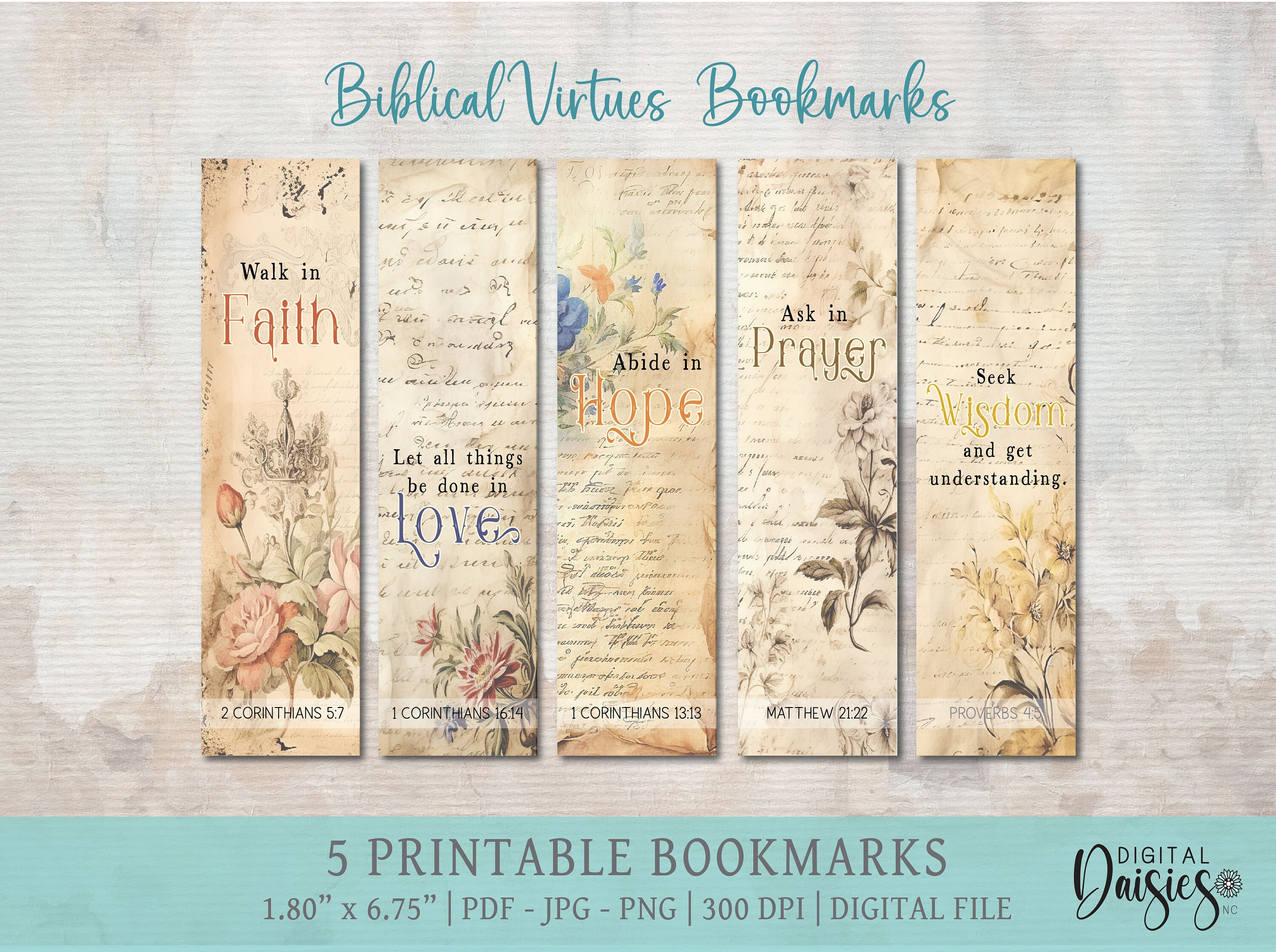 Biblical Virtues Bookmark Set, Printable Bookmark, Reading Bookmark ...
