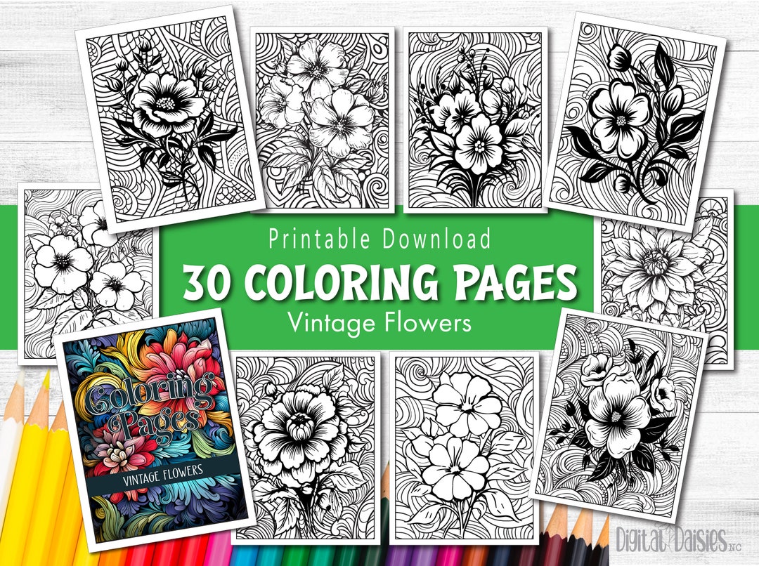 Vintage Flowers Digital Coloring Book, Botanical Coloring Pages, Easy ...