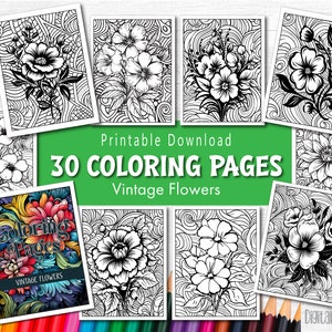 Vintage Flowers Digital Coloring Book, Botanical Coloring Pages, Easy ...