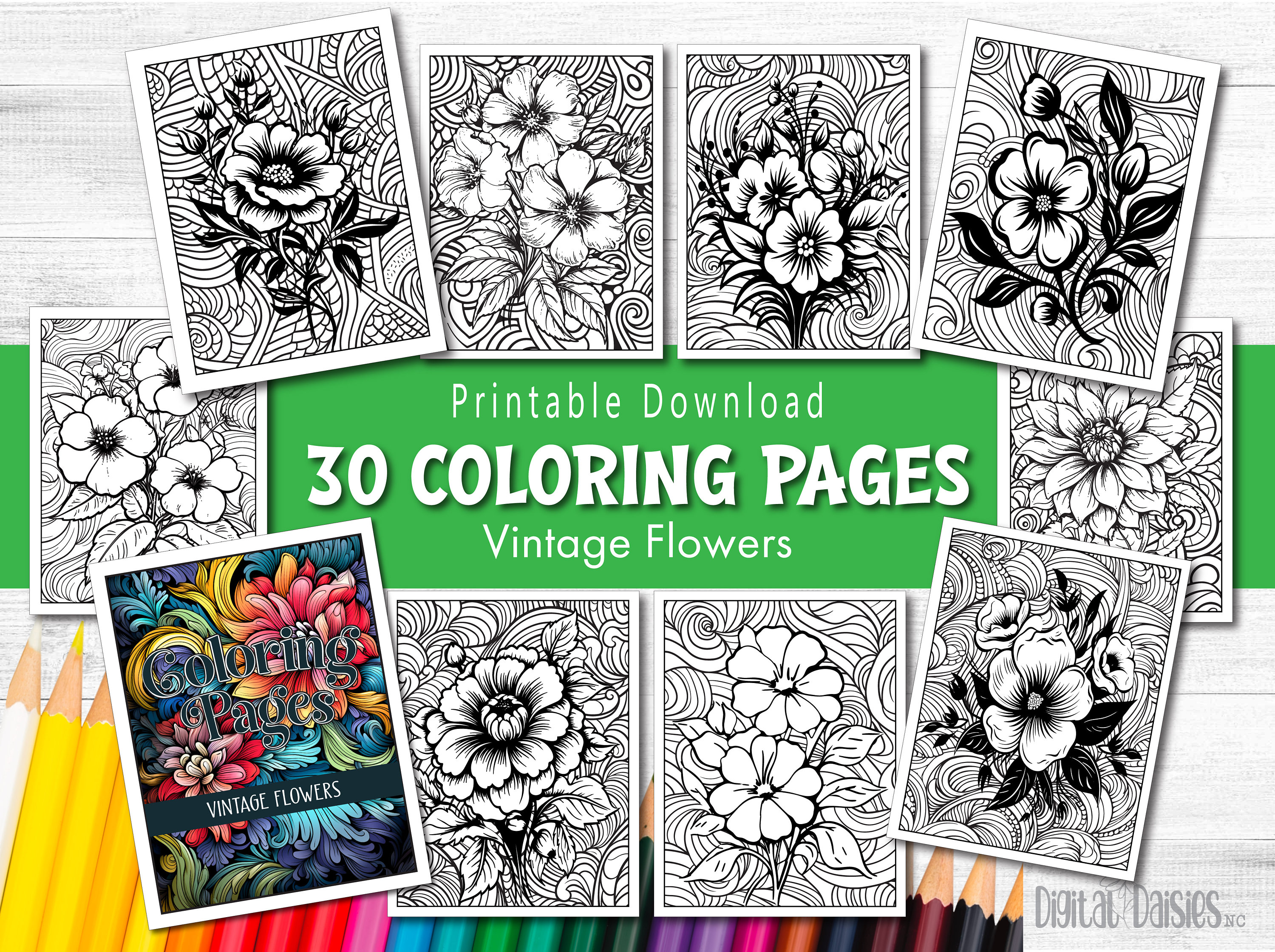 Vintage Flowers Digital Coloring Book, Botanical Coloring Pages, Easy ...