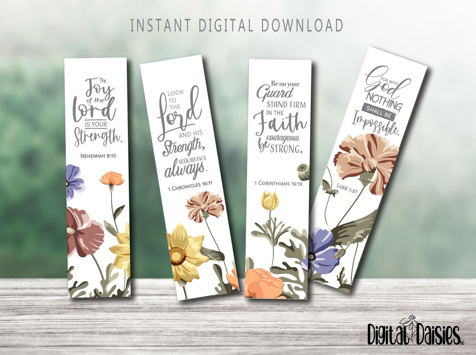Scripture Floral Digital Bookmark Set, Faith Strength Bookmarks ...