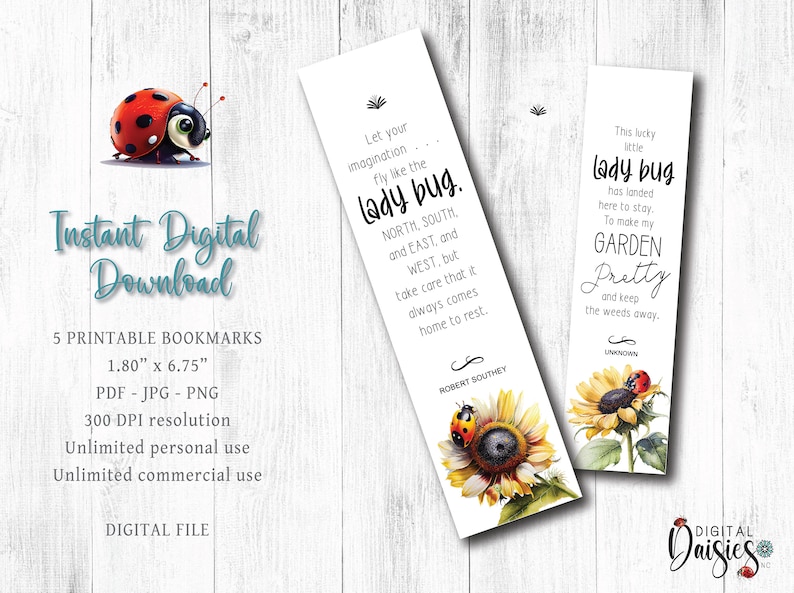 Ladybug and Sunflowers Printable Bookmark Set, Bookmarks INSTANT ...