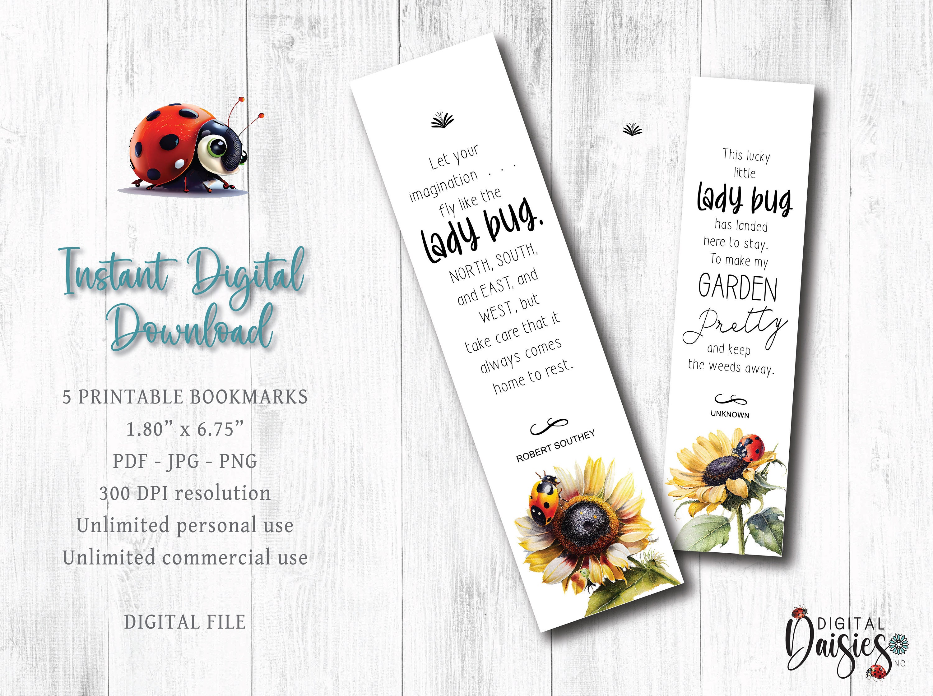 Ladybug and Sunflowers Printable Bookmark Set, Bookmarks INSTANT ...
