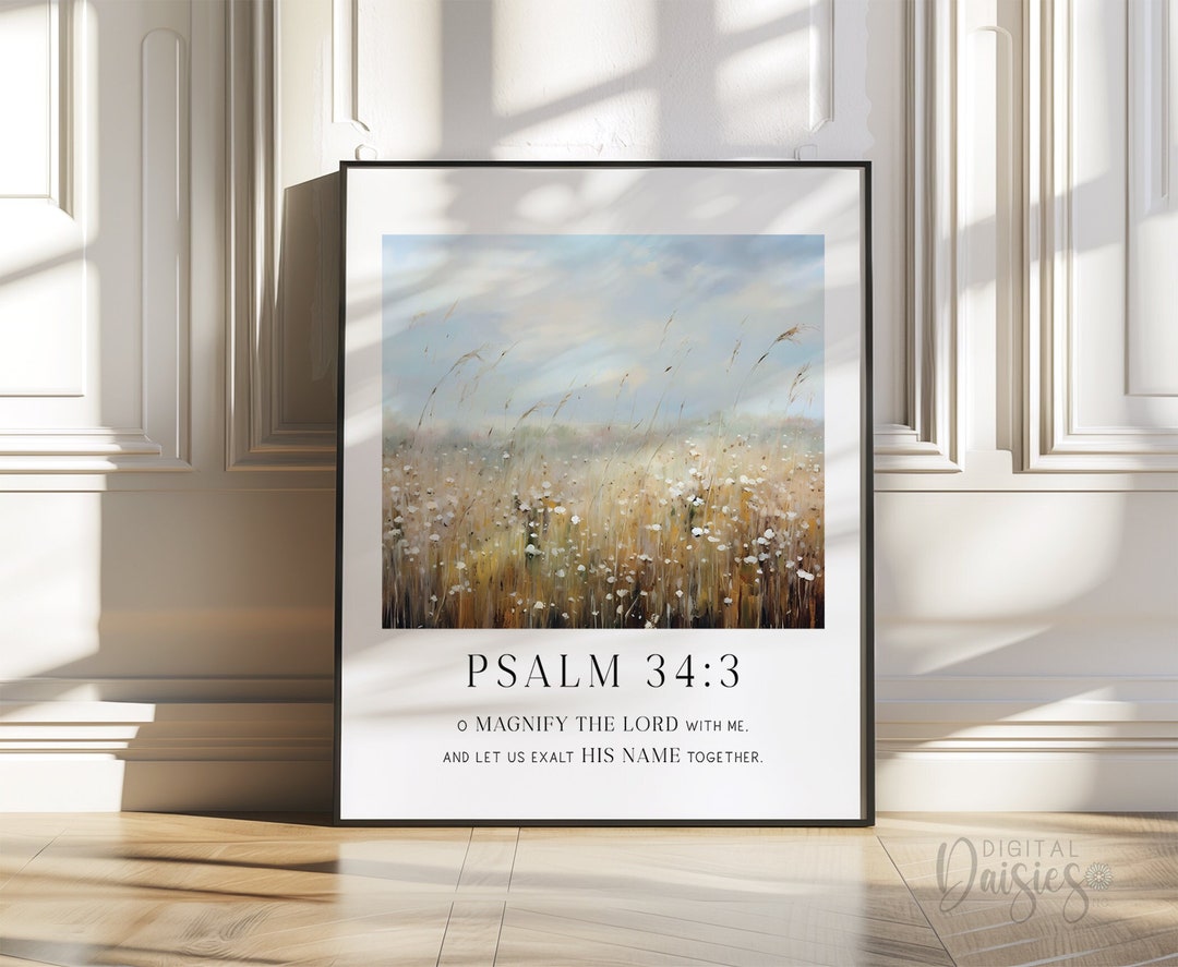 Psalms 34:3 Bible Verse Wall Art, Vintage Field of Flowers Oil Painting ...