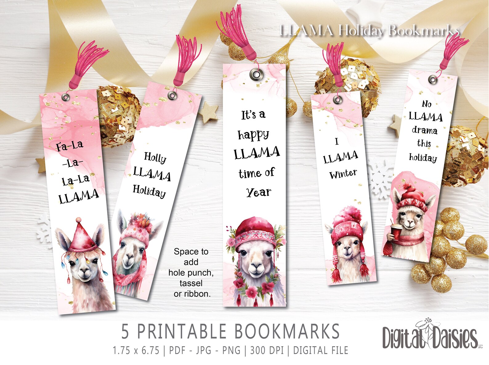 Llama Holiday Bookmark Set, Printable Bookmark Set, Printable Bookmark ...