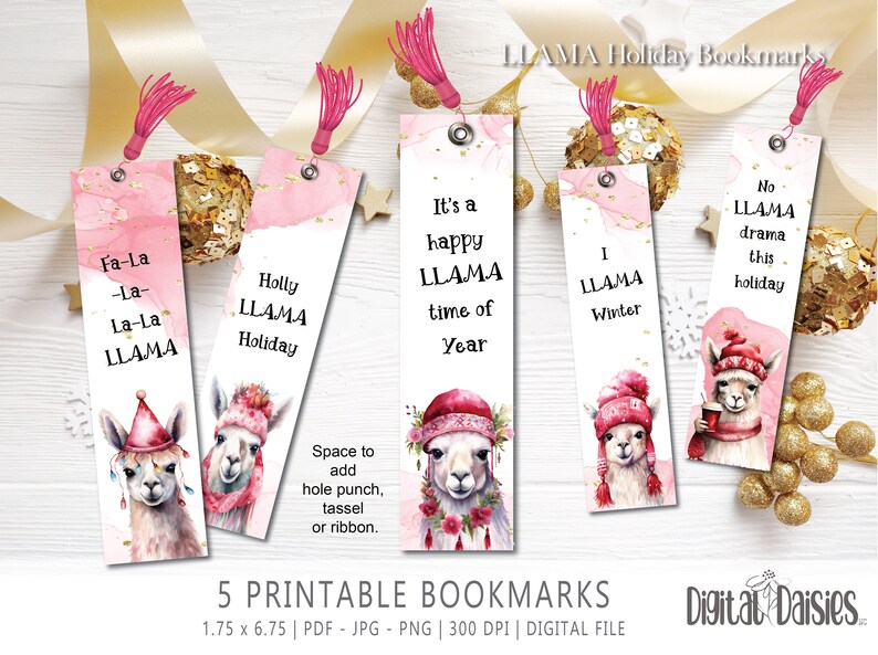 Llama Holiday Bookmark Set, Printable Bookmark Set, Printable Bookmark ...