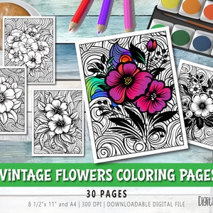 Vintage Flowers Digital Coloring Book, Botanical Coloring Pages, Easy ...
