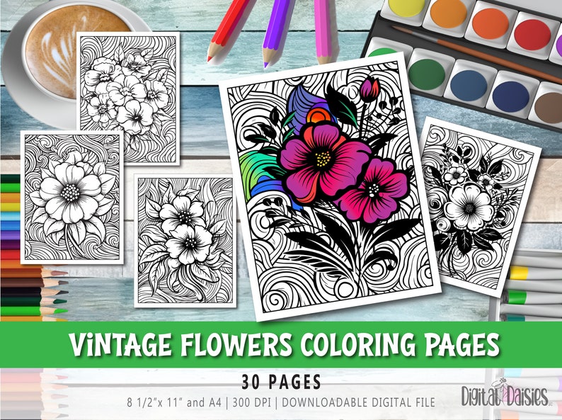 Vintage Flowers Digital Coloring Book, Botanical Coloring Pages, Easy ...