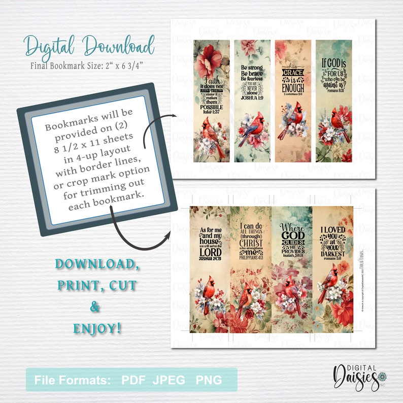 Cardinal Floral Printable Bookmark Set, Flower Bookmarks Set, Bookmarks ...