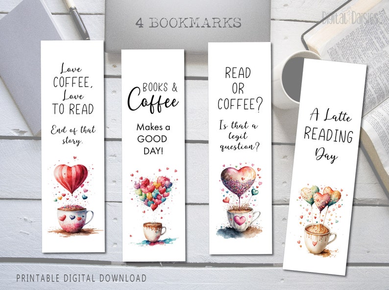 Heart Coffee Cup Bookmark Set, Coffee and Reading Bookmark, Bookmark ...