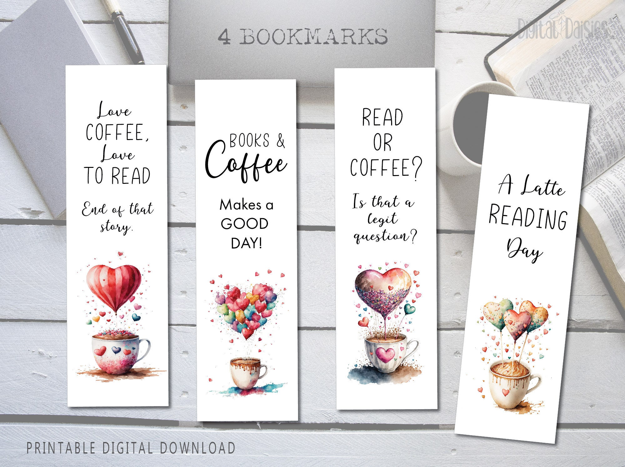 Heart Coffee Cup Bookmark Set, Coffee and Reading Bookmark, Bookmark ...