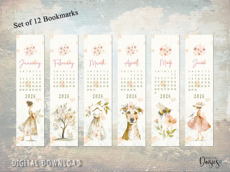 2026 Cottage Core Calendar Bookmark Set, INSTANT Digital Download PNG ...