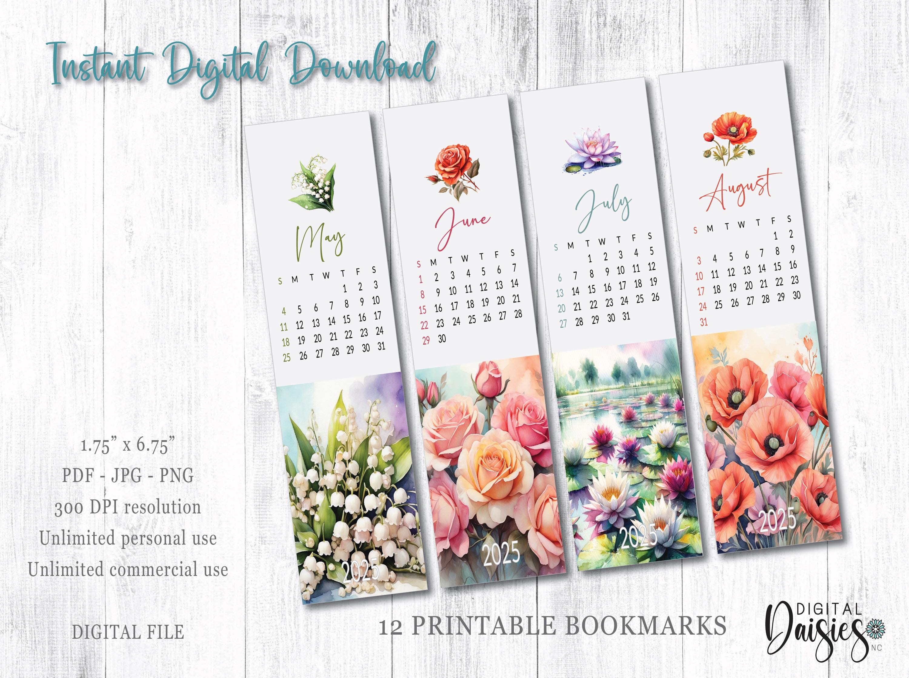 2025 Calendar Reading Bookmarks, Bookmarks INSTANT Digital Download PNG ...