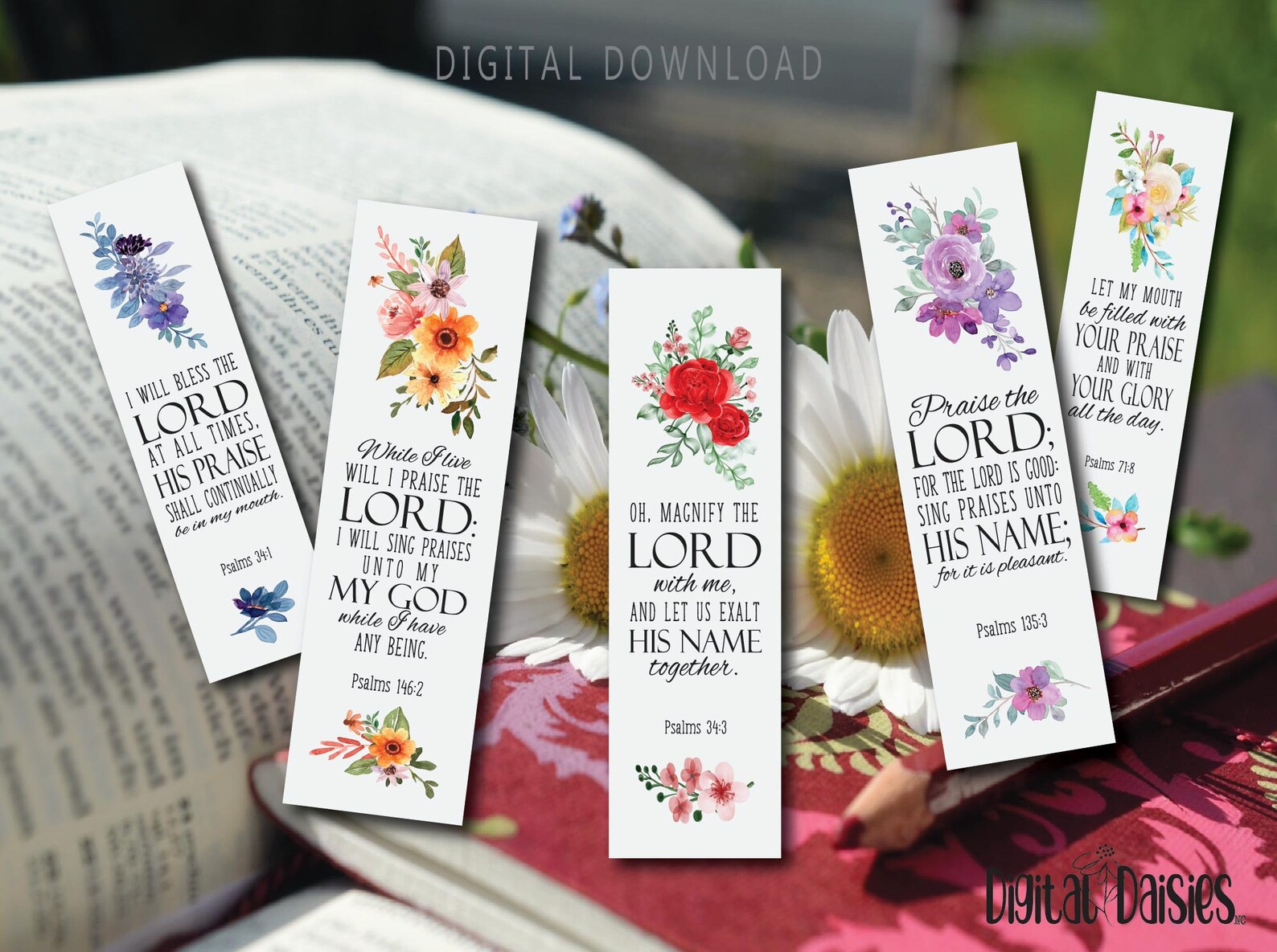 Floral Psalms Verse Digital Bookmarks, Religious Inspirational Bookmark ...
