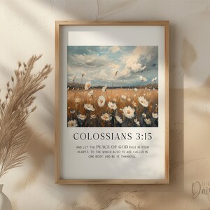 Colossians 3:15 Bible Verse Wall Art, Vintage Floral Daisy Oil Painting ...