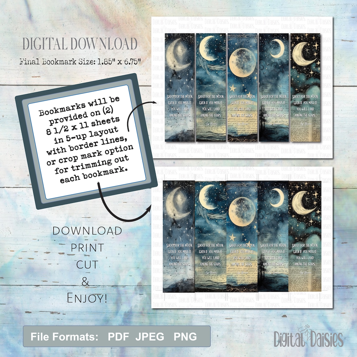 Shoot for the Moon Printable Bookmark Set, Reading Bookmark, Instant ...