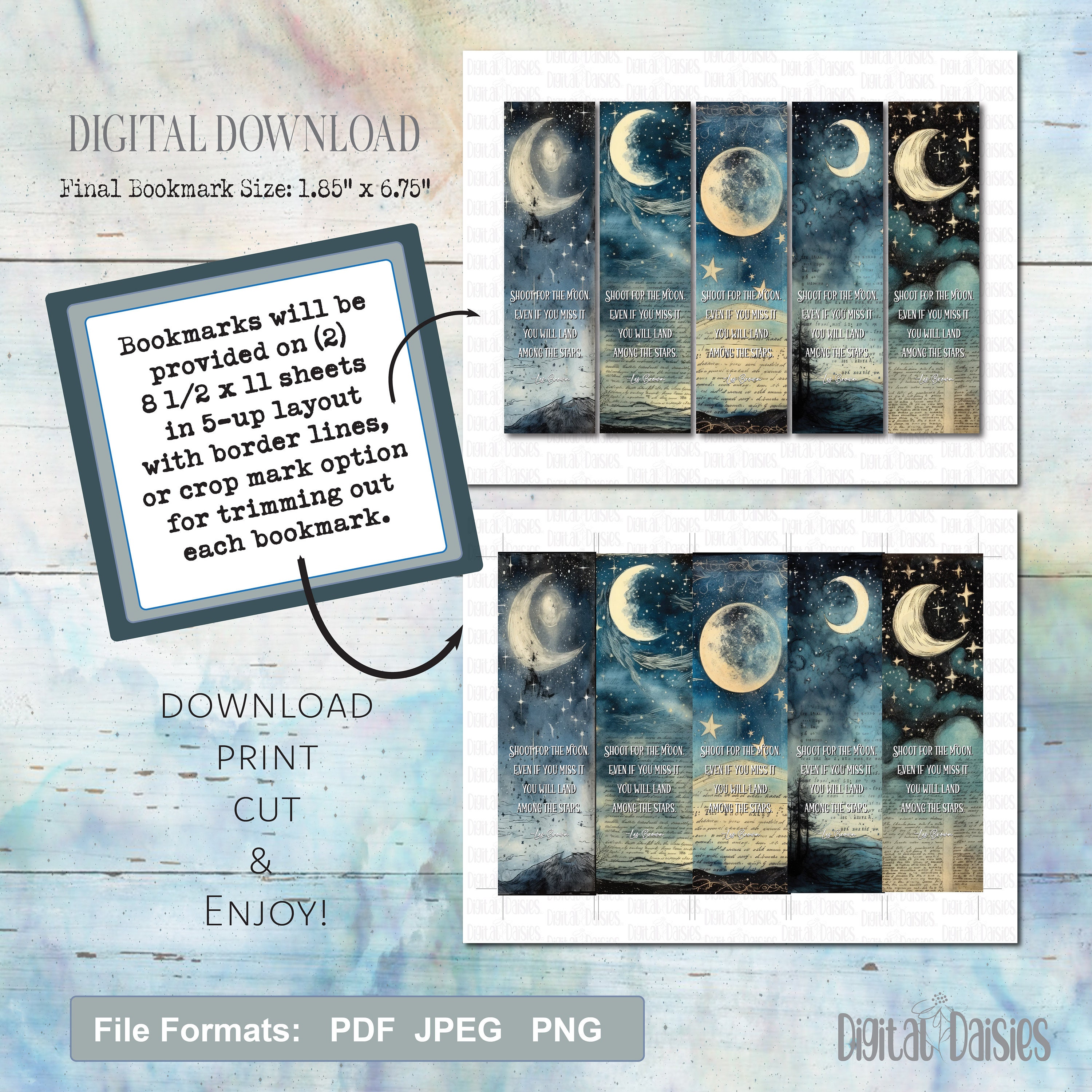 Shoot for the Moon Printable Bookmark Set, Reading Bookmark, Instant ...