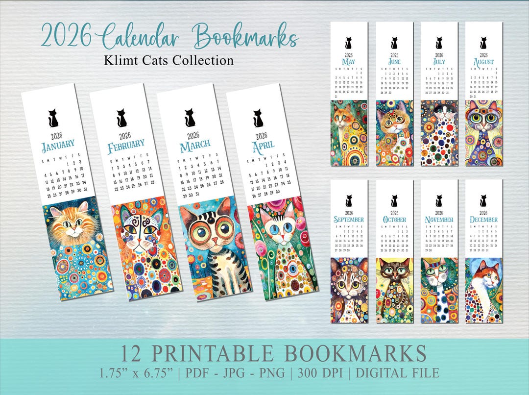 2026 Klimt Cat Calendar Bookmark Set, INSTANT Digital Download PNG ...