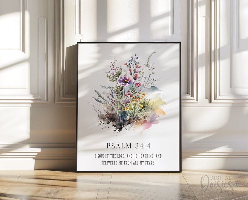 Psalms 34:4 Wildflower Bible Verse Wall Art, Scripture Art Print ...