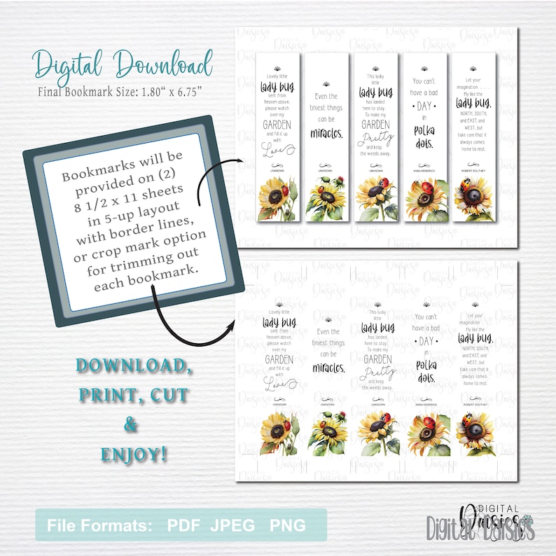 Ladybug and Sunflowers Printable Bookmark Set, Bookmarks INSTANT ...