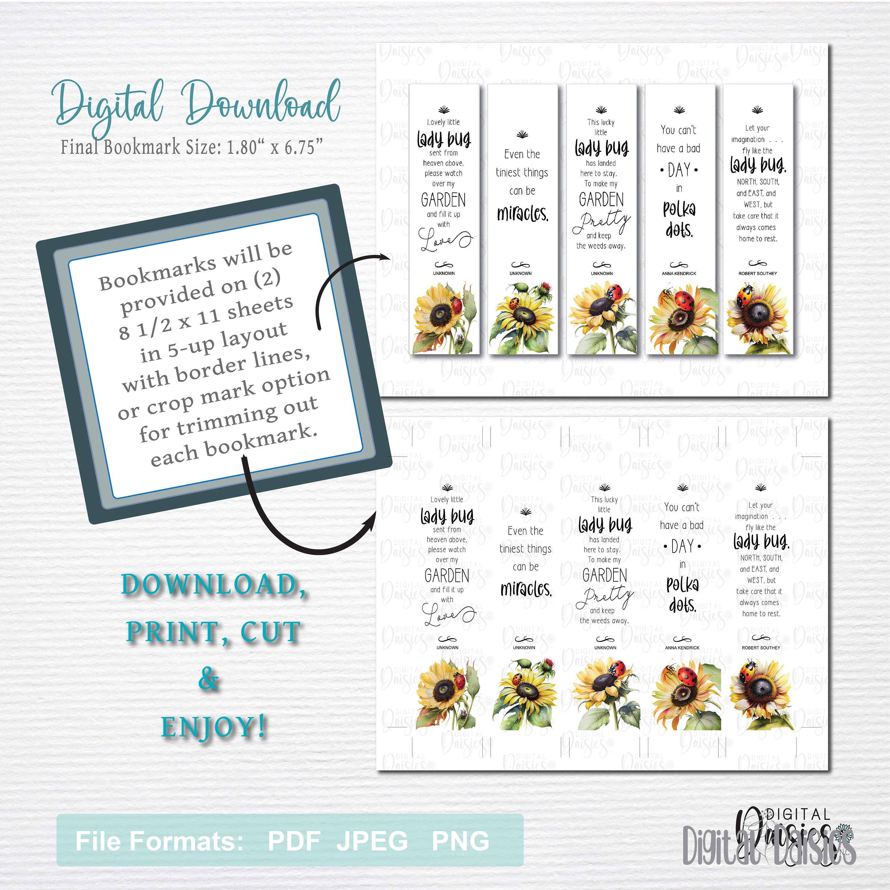 Ladybug and Sunflowers Printable Bookmark Set, Bookmarks INSTANT ...