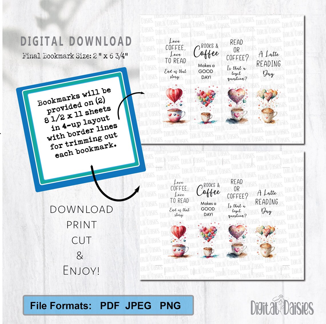 Heart Coffee Cup Bookmark Set, Coffee and Reading Bookmark, Bookmark ...