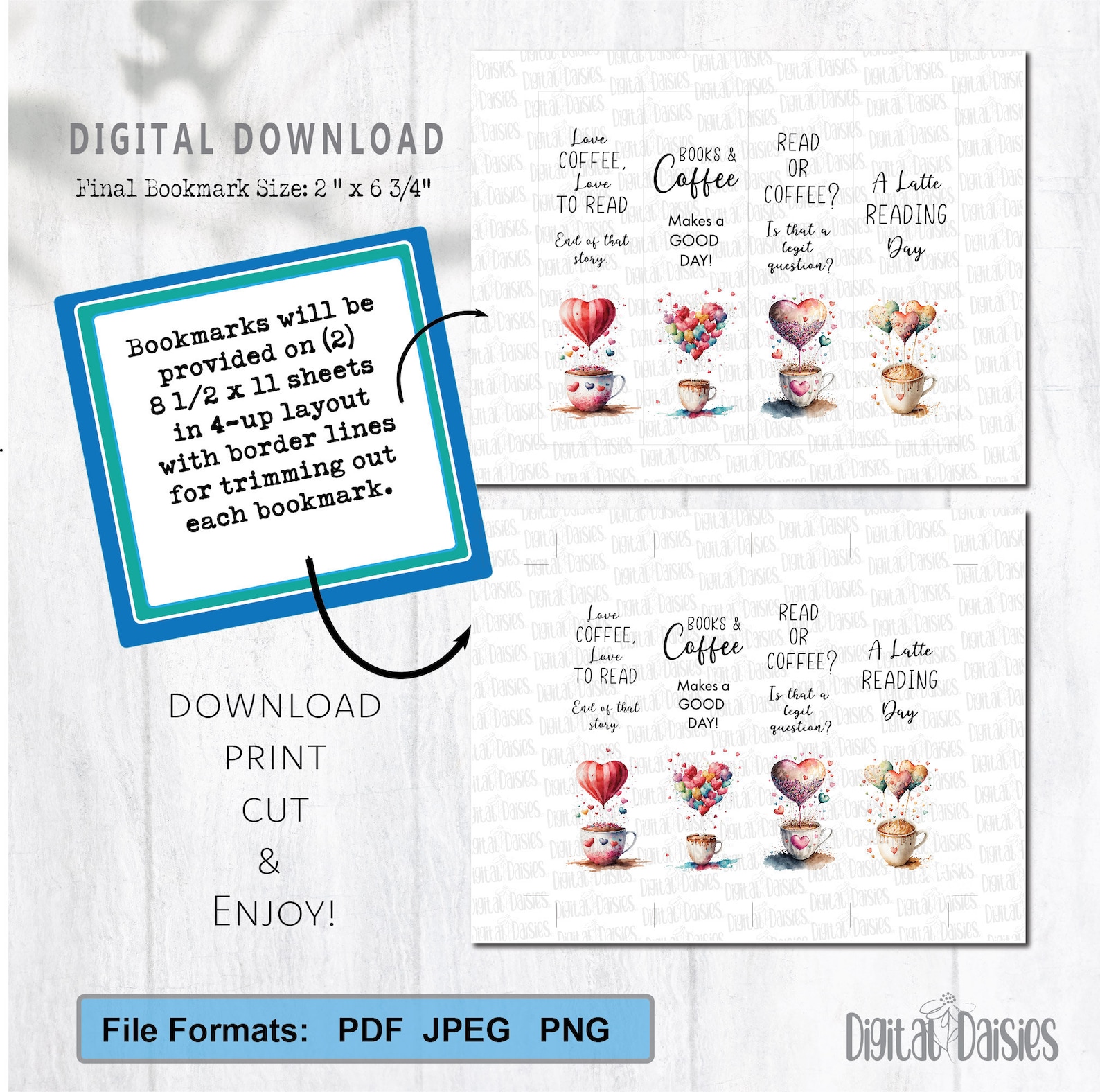 Heart Coffee Cup Bookmark Set, Coffee and Reading Bookmark, Bookmark ...