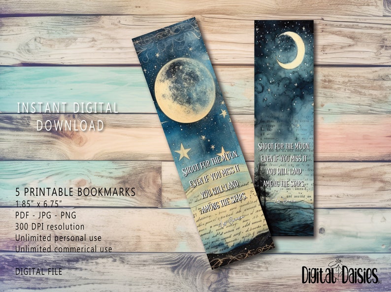Shoot for the Moon Printable Bookmark Set, Reading Bookmark, Instant ...