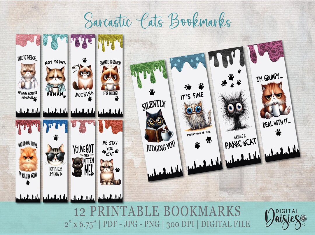 Cat Humor Bookmark Set, Set of 12 Bookmark Printable, Sarcastic Cat ...
