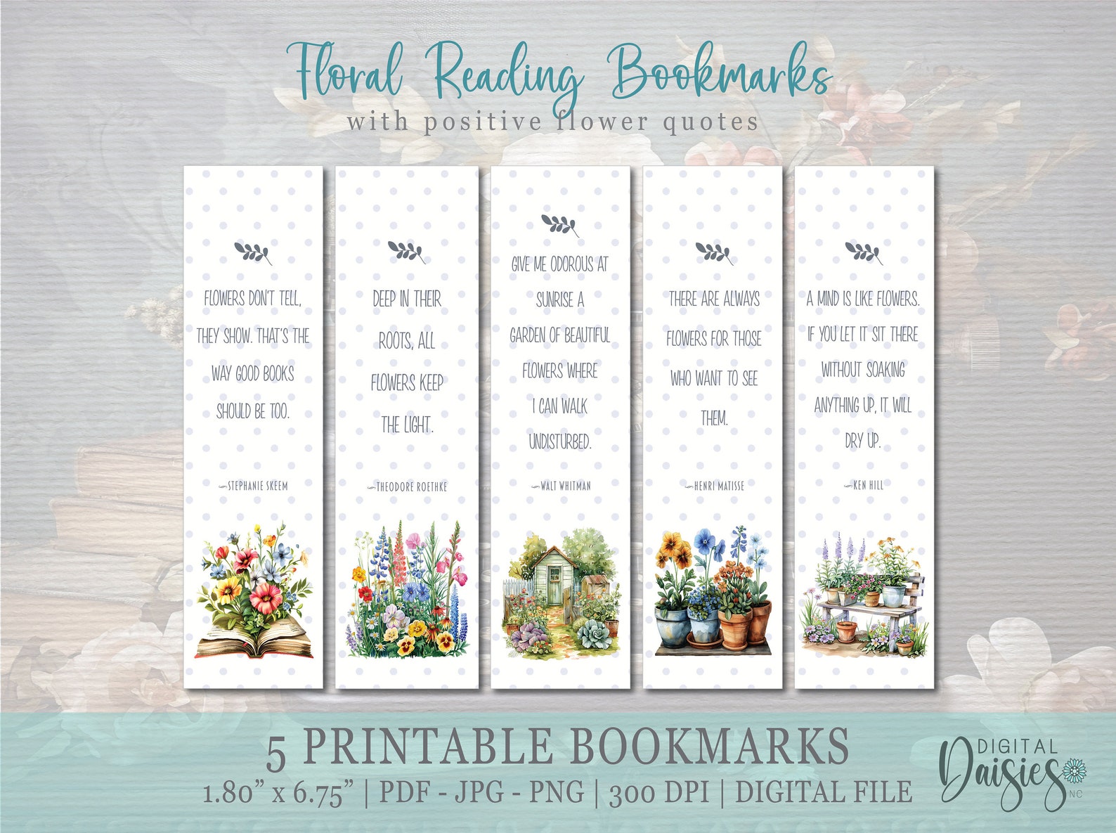 Floral Reading Printable Bookmark Set, Instant Download DIGITAL PNG ...
