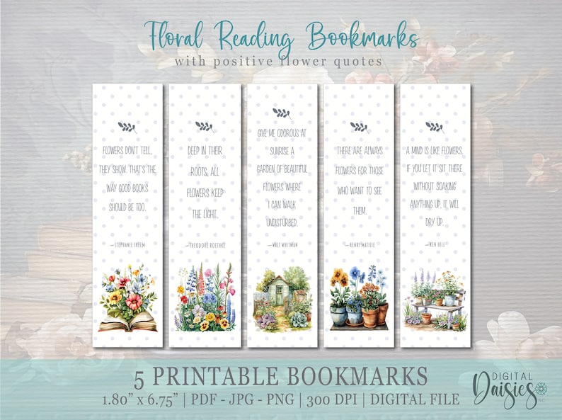 Floral Reading Printable Bookmark Set, Instant Download DIGITAL PNG ...