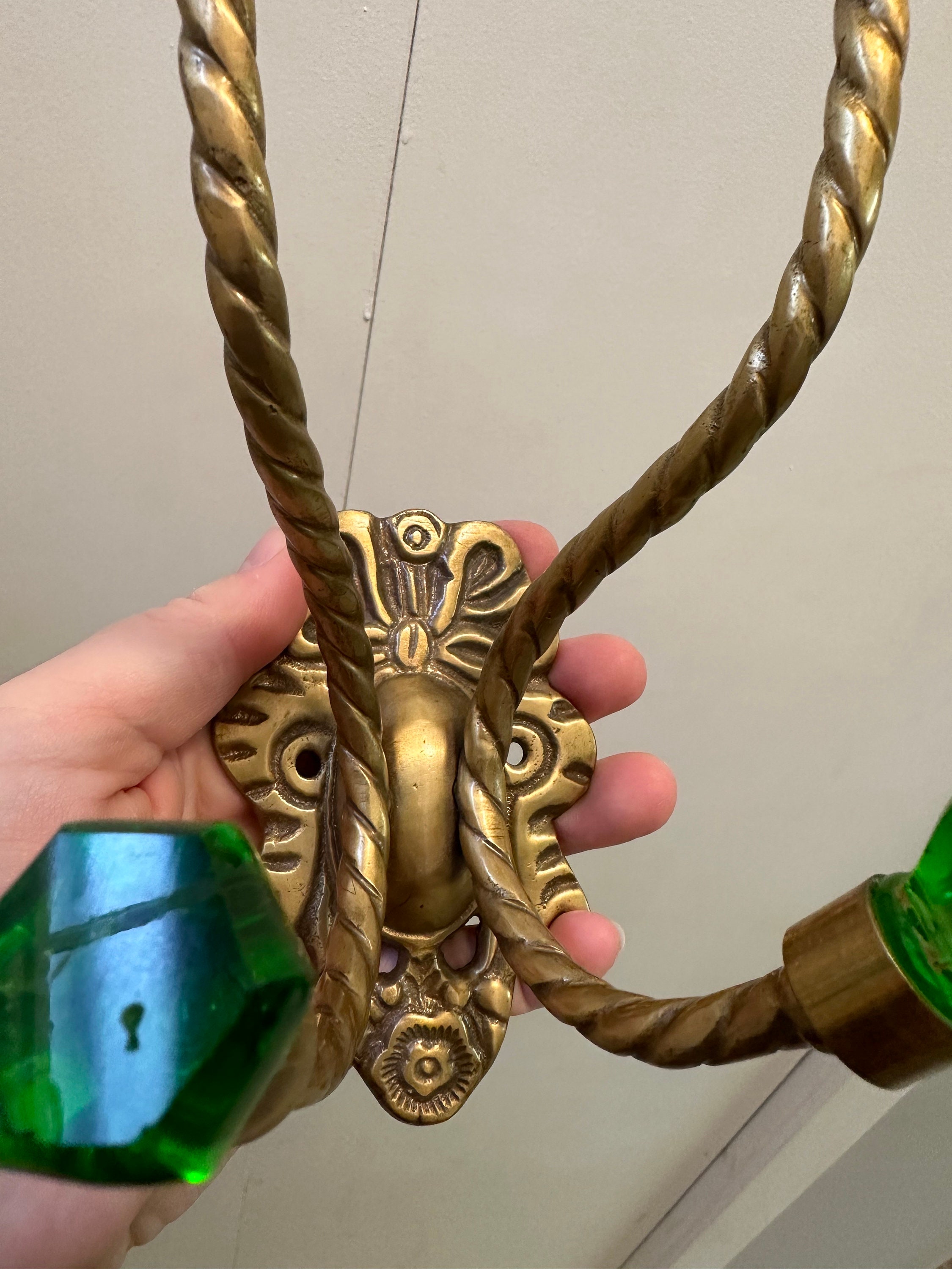 Vintage Brass Large Wall Hook With Green Glass Tips Quad Hook Elaborate ...