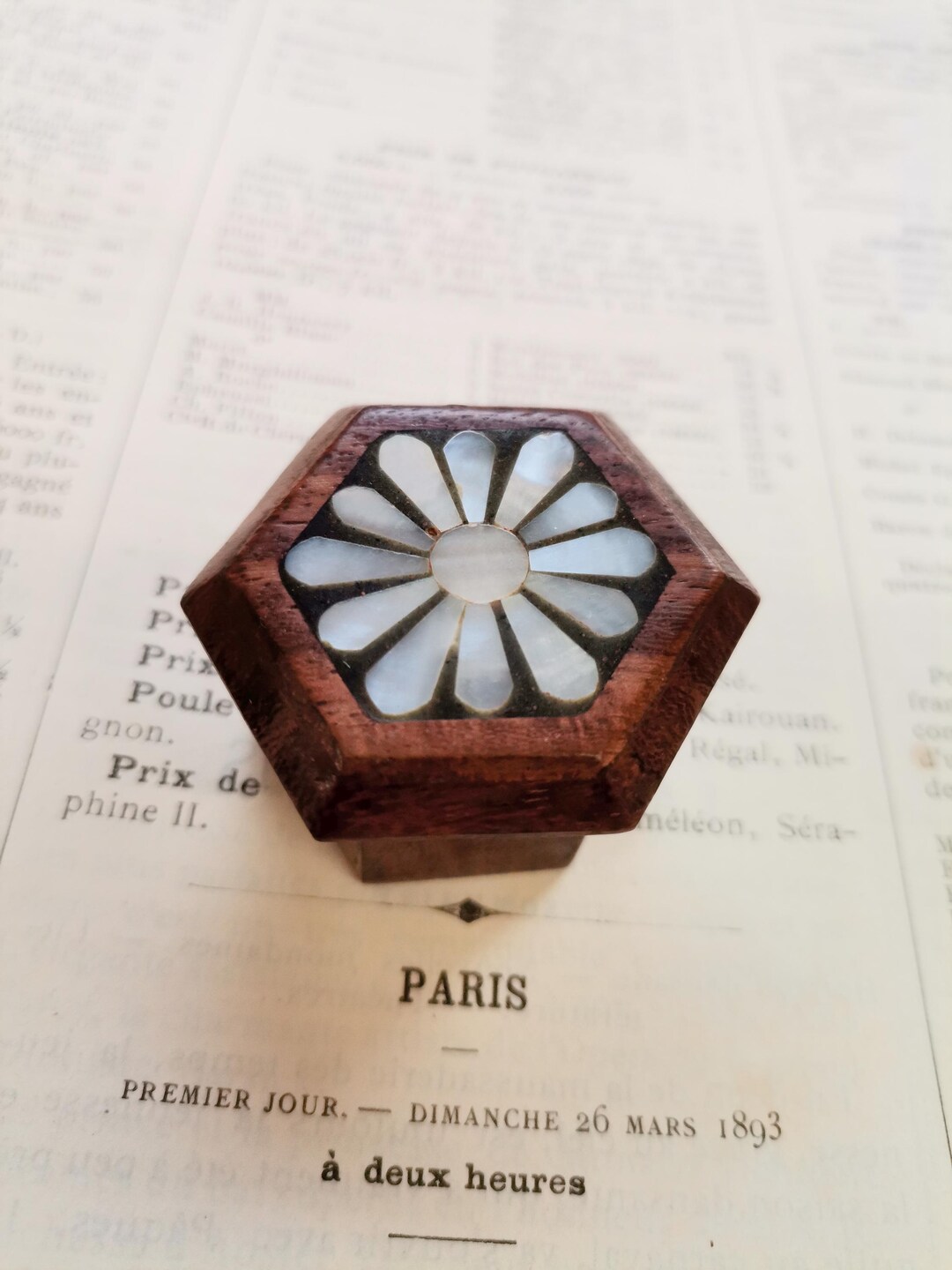 French Vintage Hexagon Wooden Pill Box With Floral Mother of Pearl ...