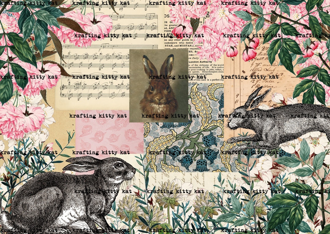 Digital Printable Bunnys Rabbits and Botanical Collage Tear - Etsy
