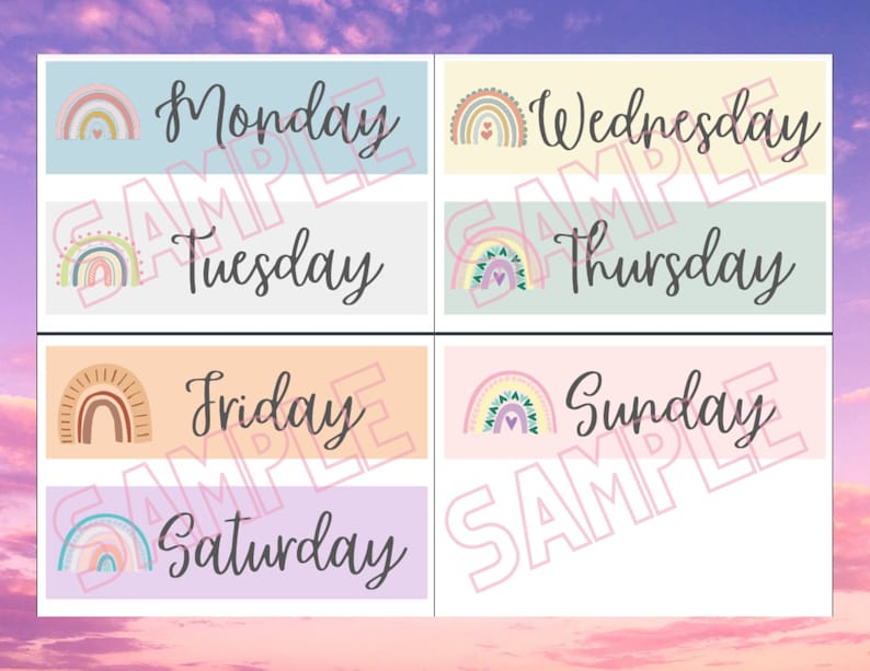 Printable Flashcards Days of the Week Rainbows Kids School Homeschool ...
