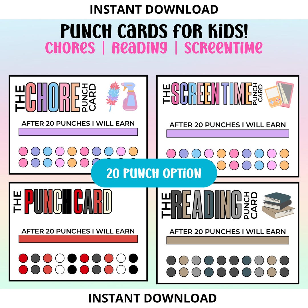 Kids Reward Punch Cards: Chores, Reading, Screen Time (instant Download ...