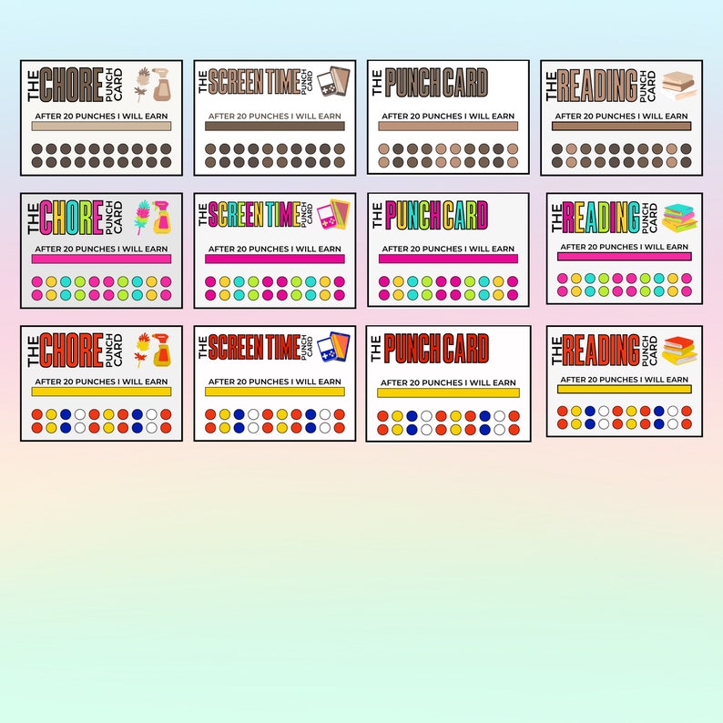 Kids Reward Punch Cards: Chores, Reading, Screen Time (instant Download ...