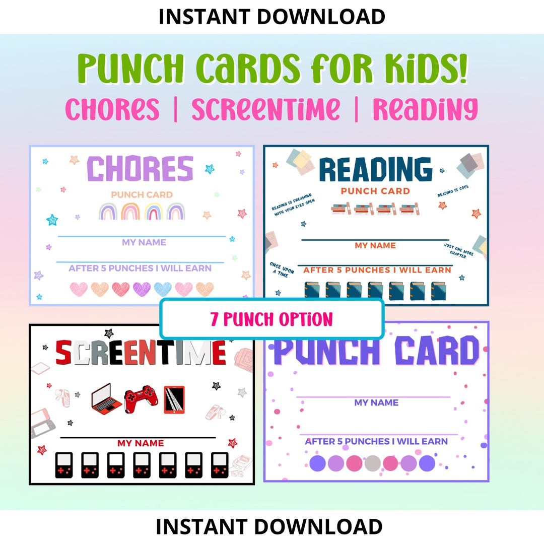 Kids' Positive Behavior Punch Cards: Chores, Reading, Screen Time ...