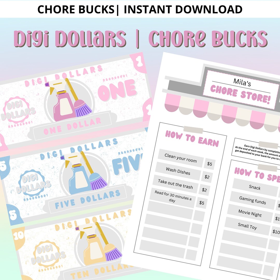 Digi Dollars - Chore Bucks for Kids! INSTANT DOWNLOAD! | Mom Bucks ...