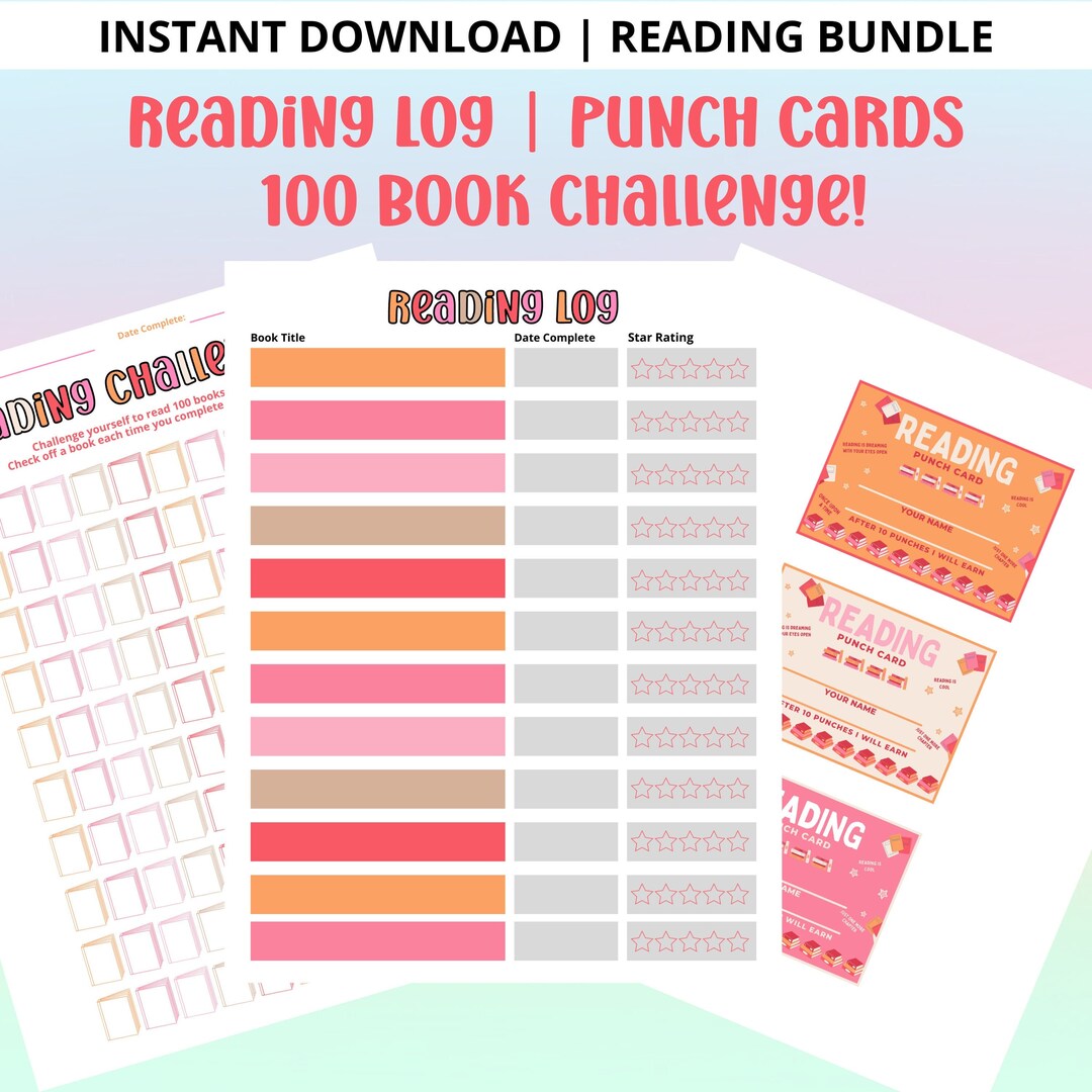 Kids Reading Log Bundle: 100 Book Challenge, Punch Cards (editable ...