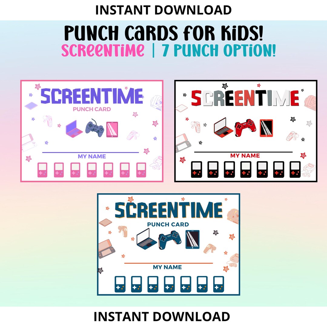 SCREENTIME PUNCH CARDS for Kids | 7 Punch Option | Instant Download - Etsy