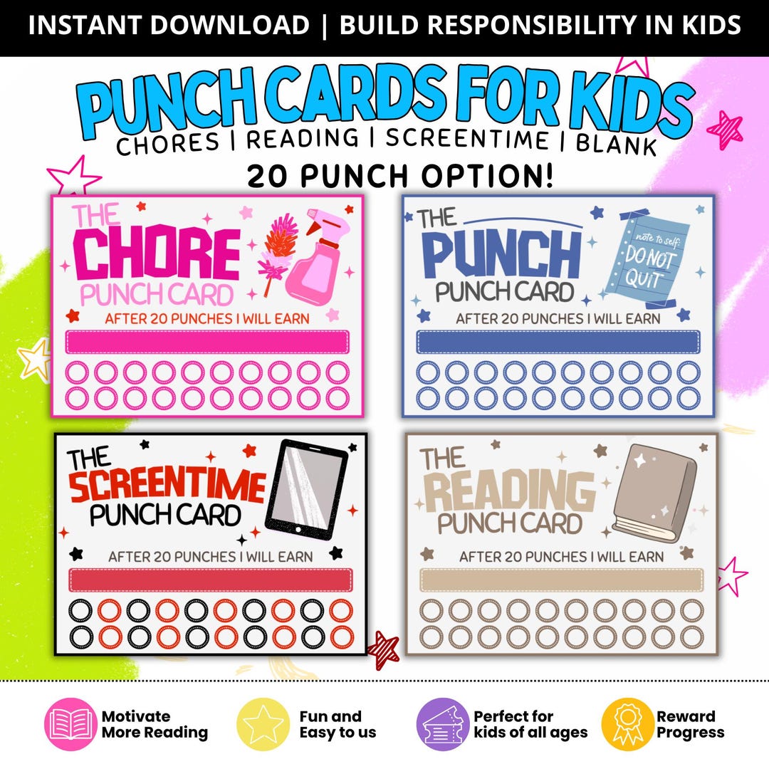 Kids Reward Punch Cards: Chores, Reading, Screen Time (instant Download ...
