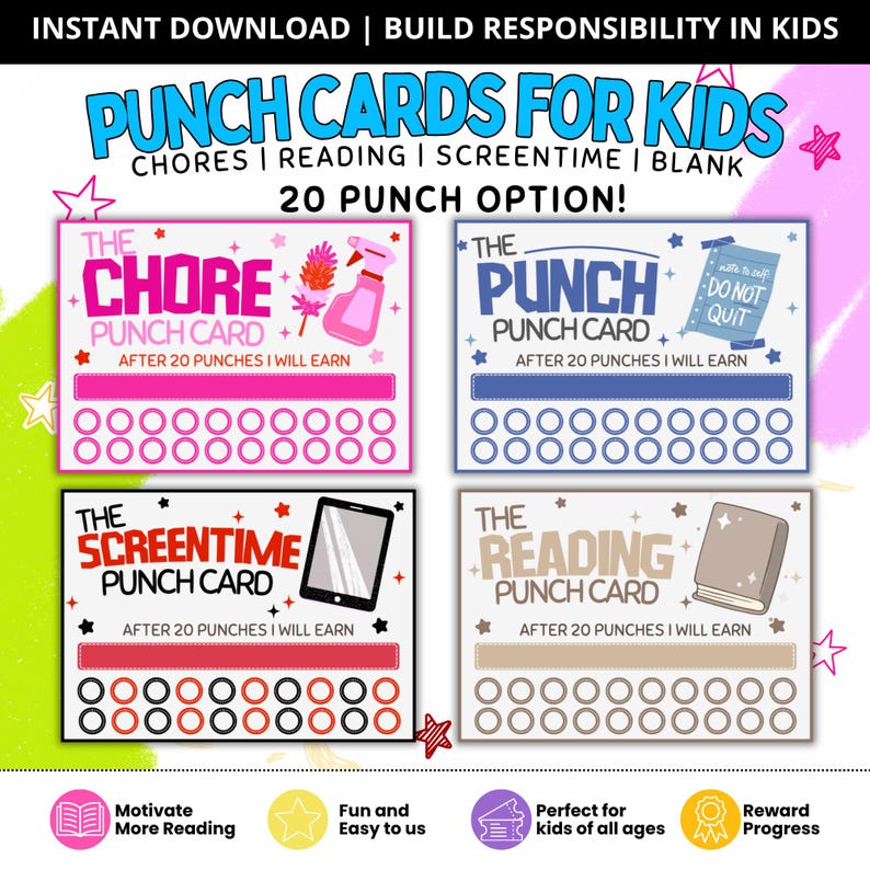 Kids Reward Punch Cards: Chores, Reading, Screen Time (instant Download ...