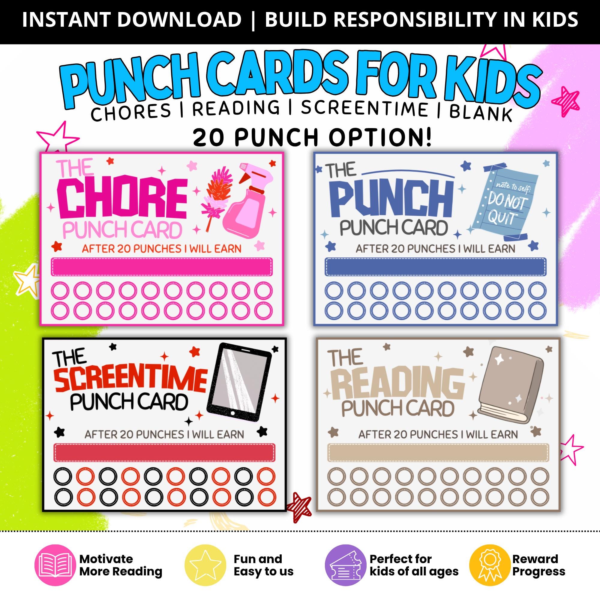 Kids Reward Punch Cards: Chores, Reading, Screen Time (instant Download ...