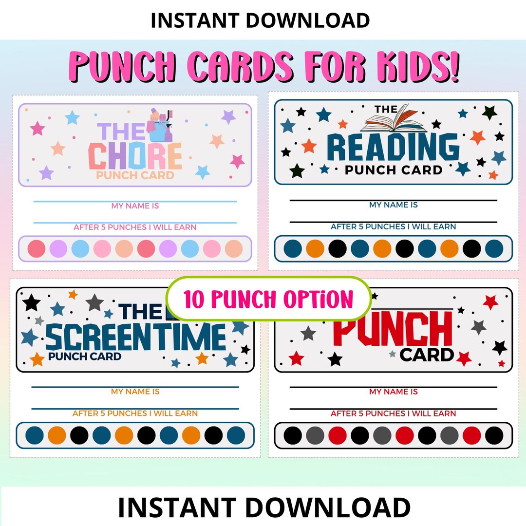 Kids' Behavior Punch Cards: Chore, Reading, Screen Time (EDITABLE ...