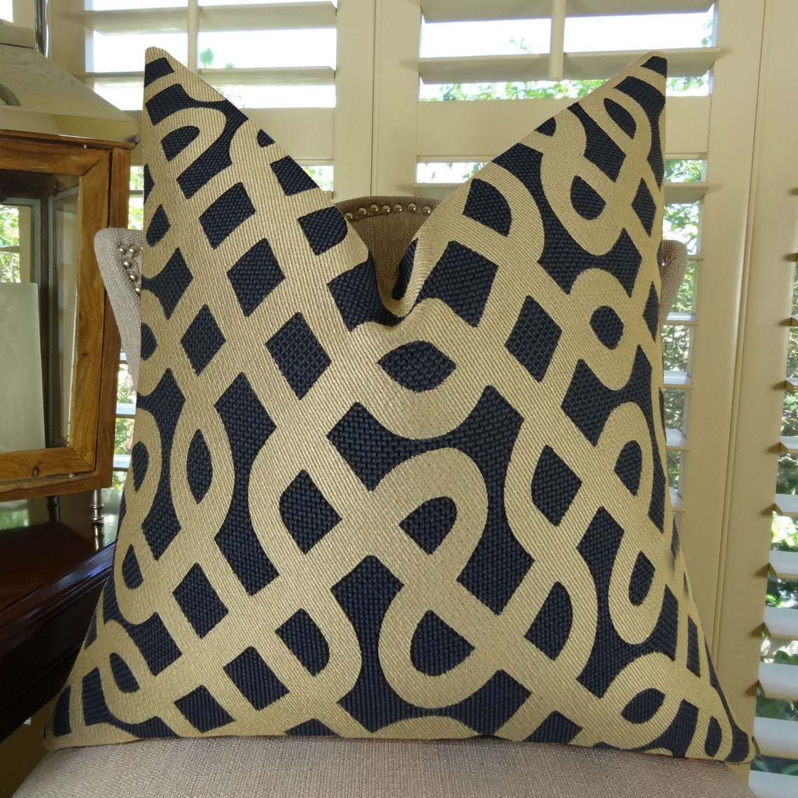 Navy Pillow - Designer Navy Pillow Cover - Navy Tan Geometric Cushion ...
