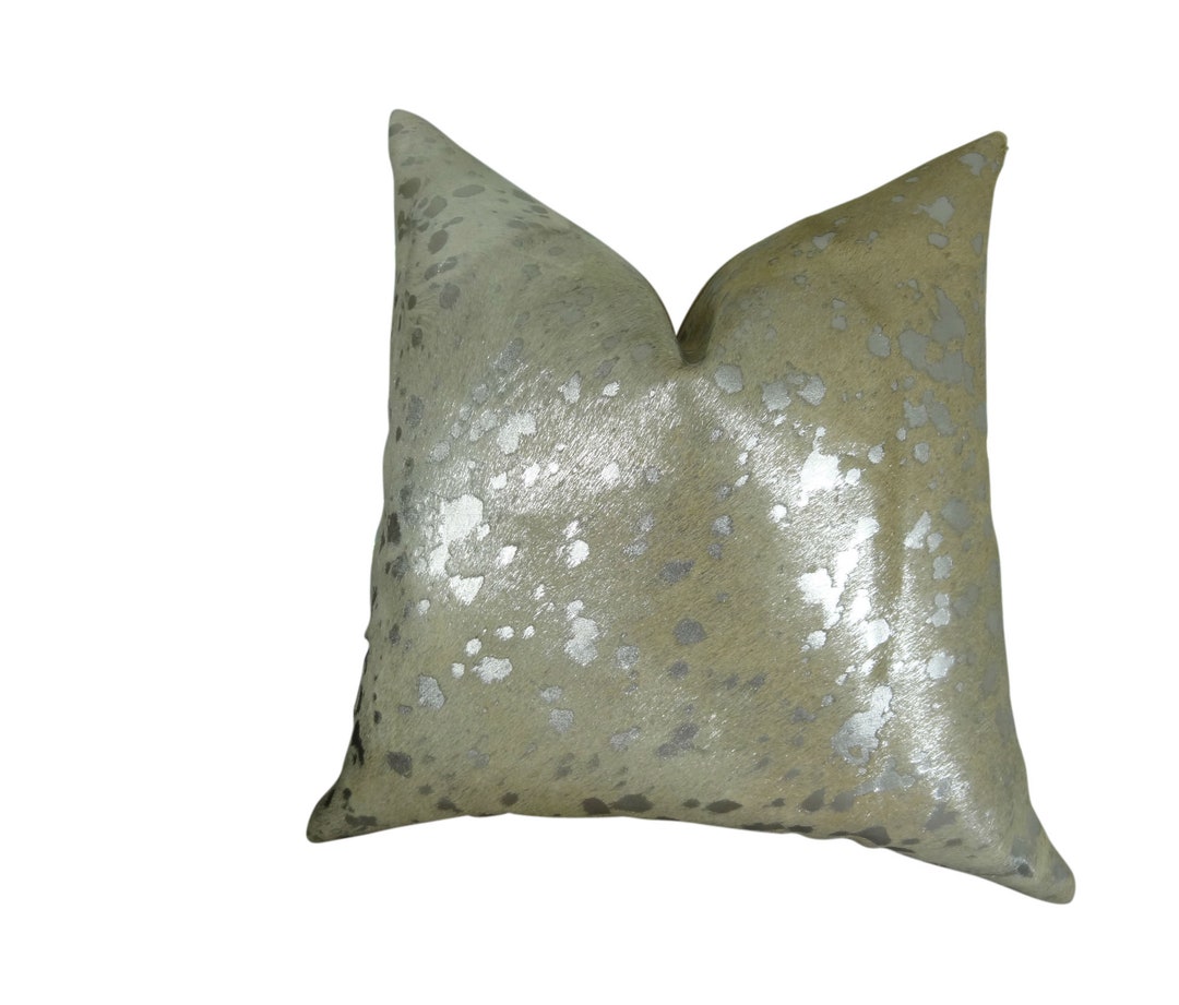 Metallic Silver on Beige Cowhide Throw Pillow Cover - Devore Silver ...