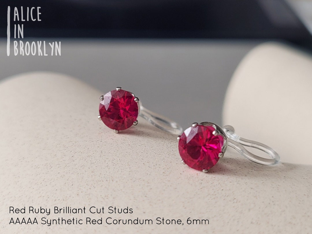 Ruby Gemstone Stud Clip-on Earrings for Non-pierced Ears, Synthetic ...